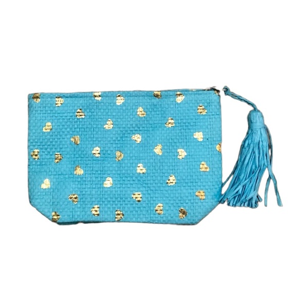 Bags | Straw Turquoise Makeup Bag With Gold Hearts And A Tassel | Poshmark